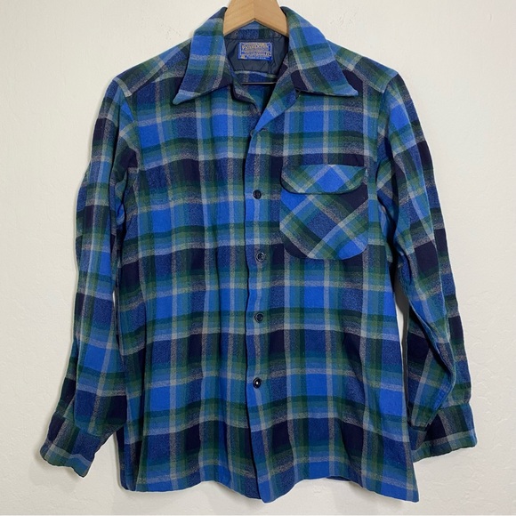 Pendleton | Shirts | Pendleton M Vintage Green Blue Plaid Pocket Button Down Wool Board Shirt ...